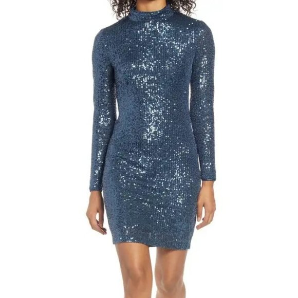 Eliza J Dresses Eliza J Sequin Mock Neck Long Sleeve Sparkle Cocktail Dress Blue 6 Poshmark
